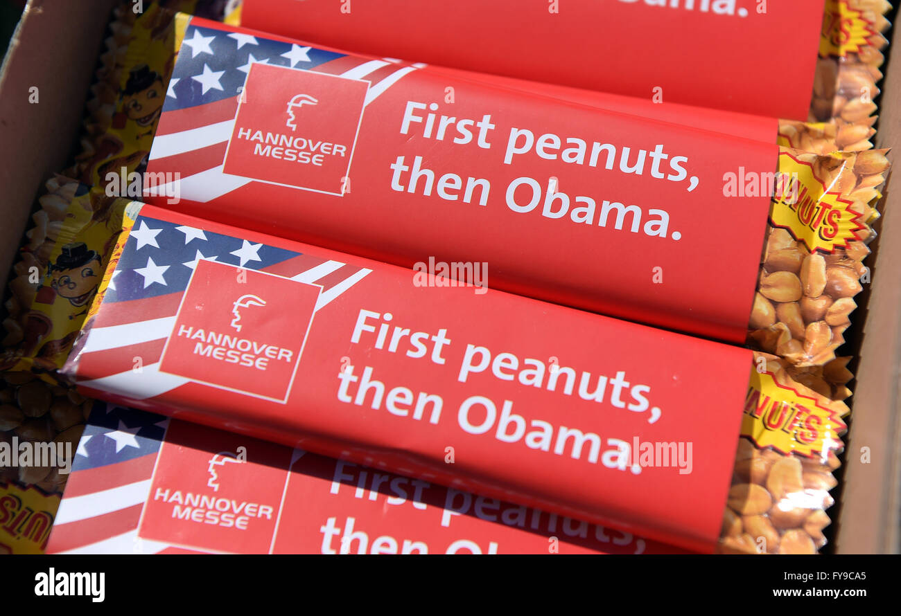 Hanover, Germany. 24th Apr, 2016. Peanut bars that read 'First peanuts ...