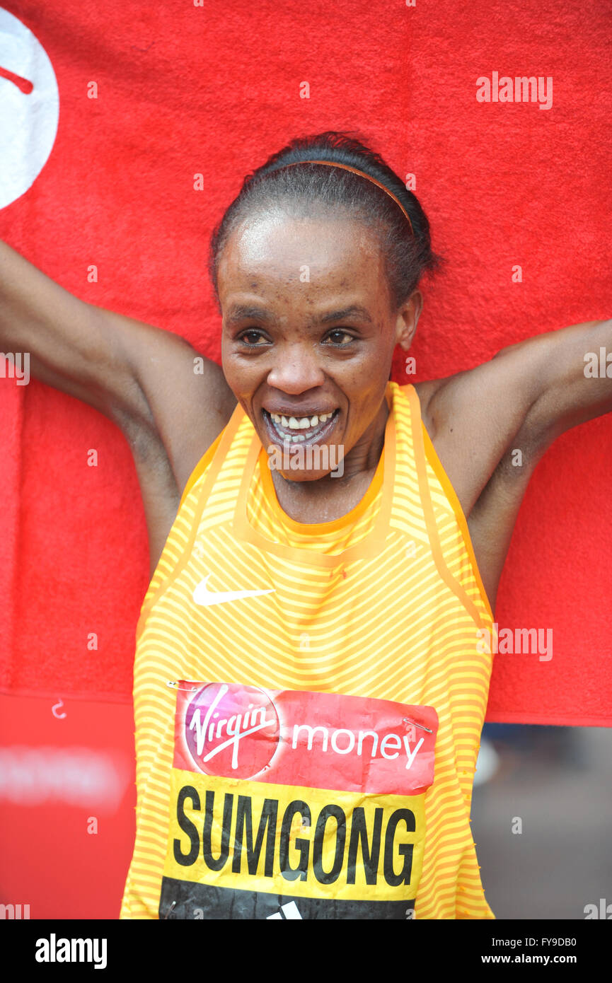 London, UK. 24th April, 2016. Jemima Sumgong (KEN) looking happy after ...