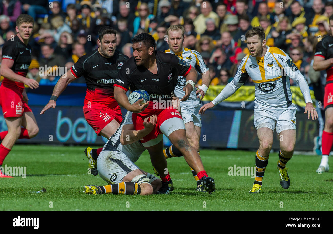 London, UK. 23rd April, 2016.Mako Vunipola of Saracens is tackled, Saracens vs Wasps, European ...