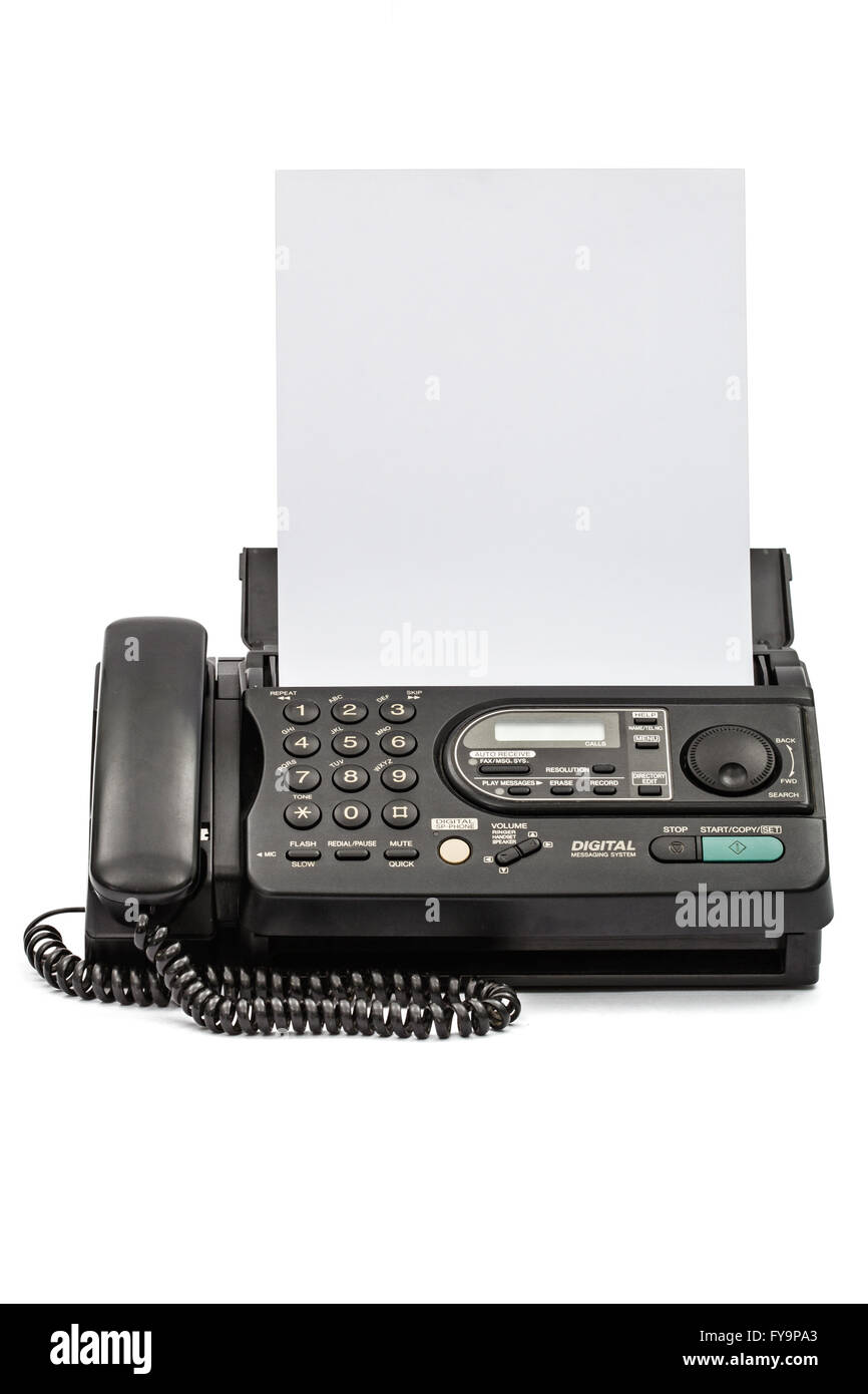 Fax machine with document, isolated on white background Stock Photo - Alamy