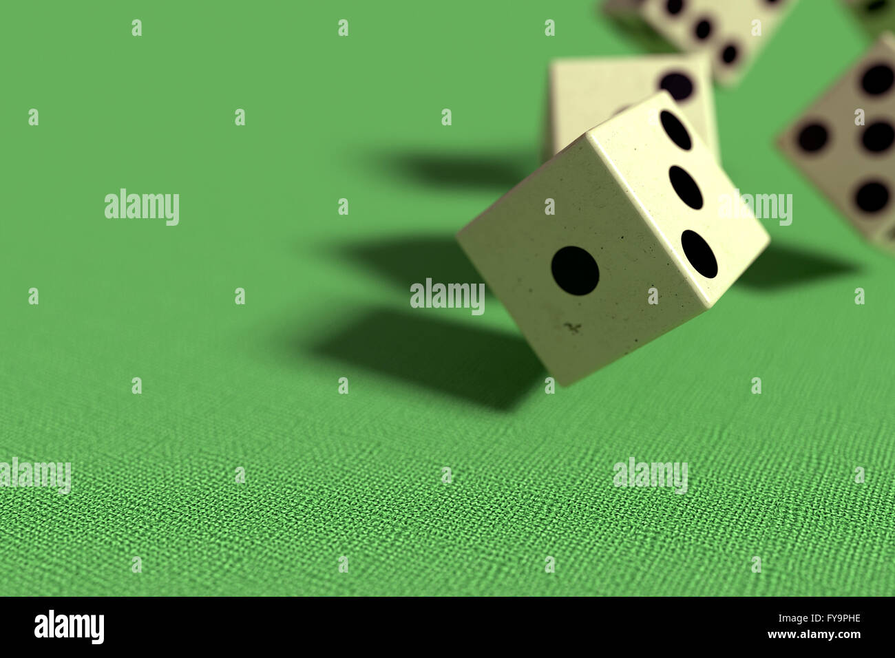 3d rendering of close-up of 3d dice falling down on green surface Stock ...
