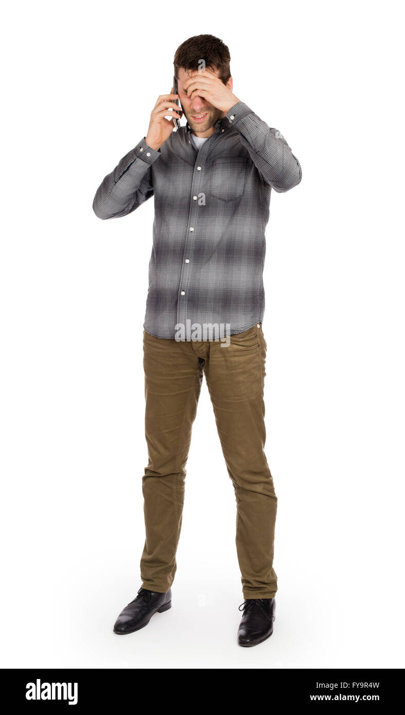 Caucasian man on the phone - confusing phone call, isolated on white ...