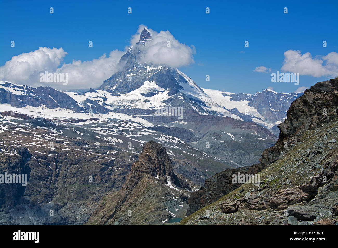 The Matterhorn is a mountain of the Alps, straddling the main watershed ...