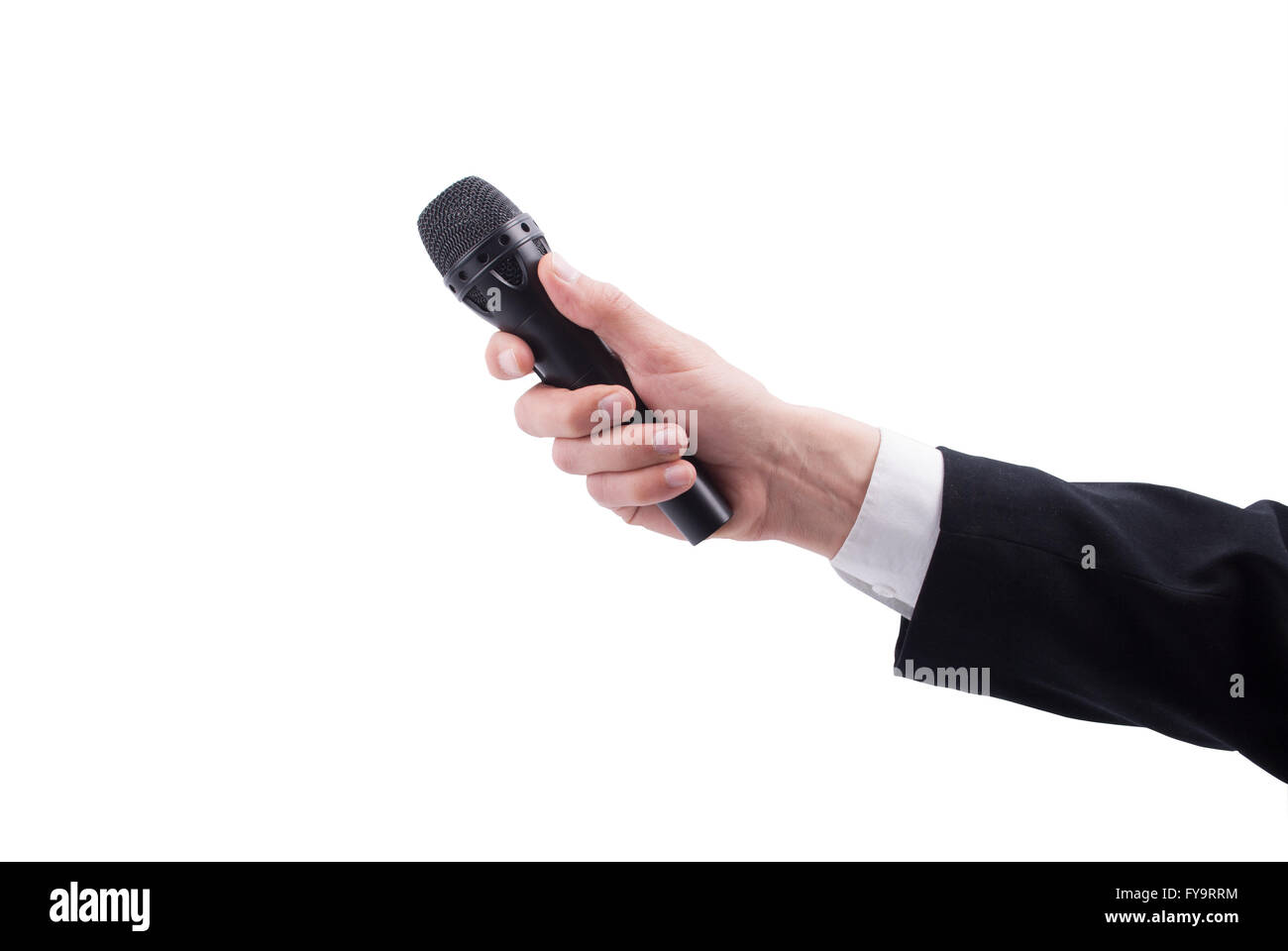 Man's hand with a microphone on a white background Stock Photo - Alamy