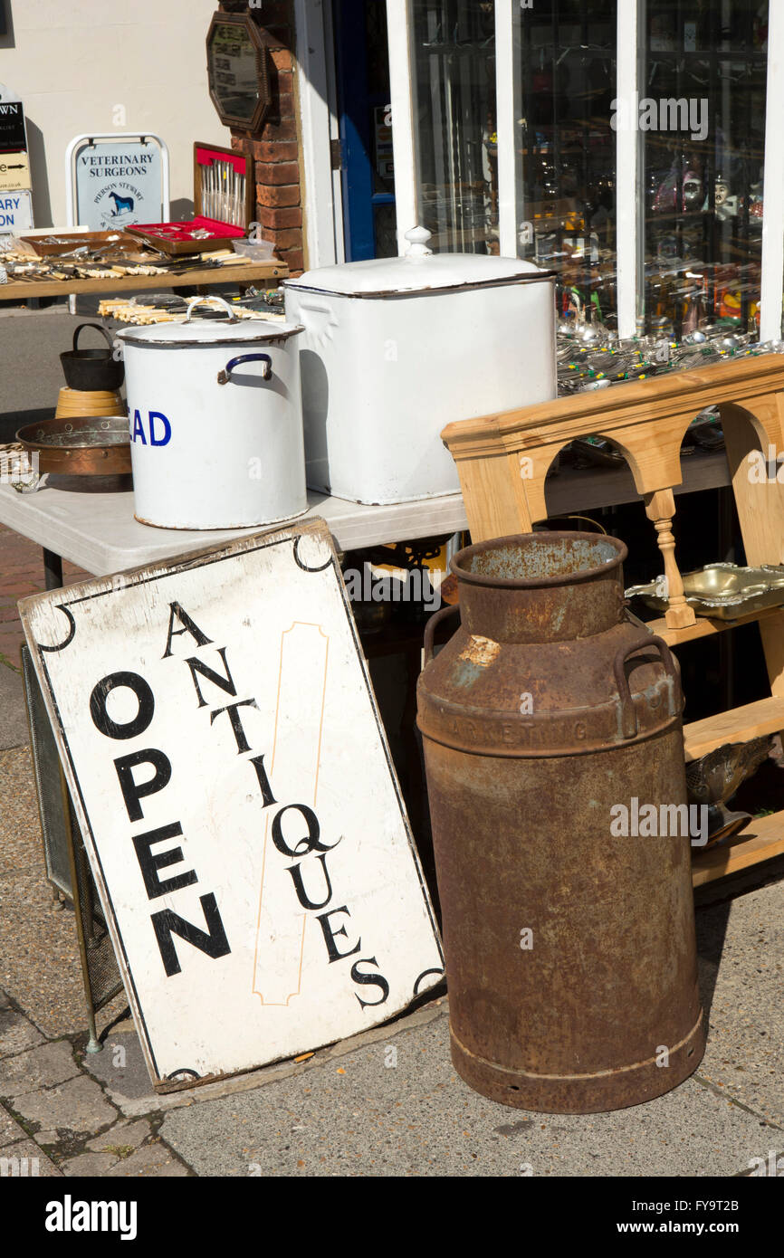UK, Kent, Tenterden, High Street, old domestic items on display outside ...