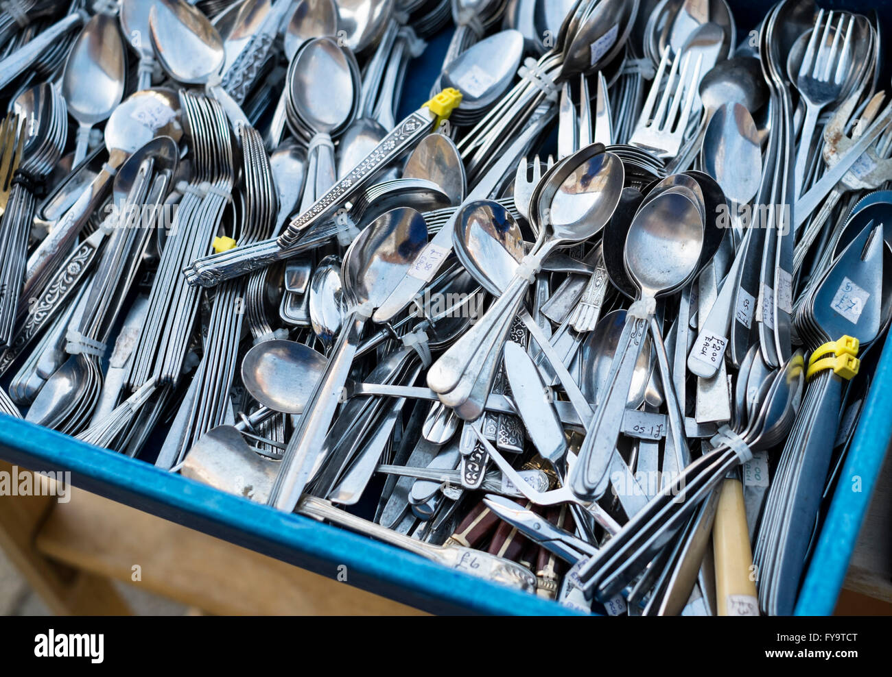 Bridport a small town in Dorset England UK spoons on market stall Stock ...