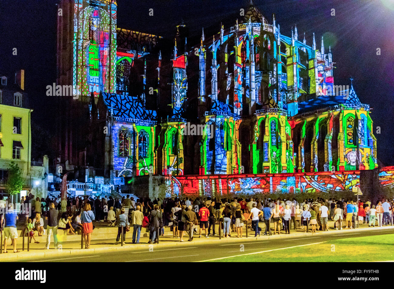 Light show on Cathedral of St Julien in Le Mans France, the Cathedral ...