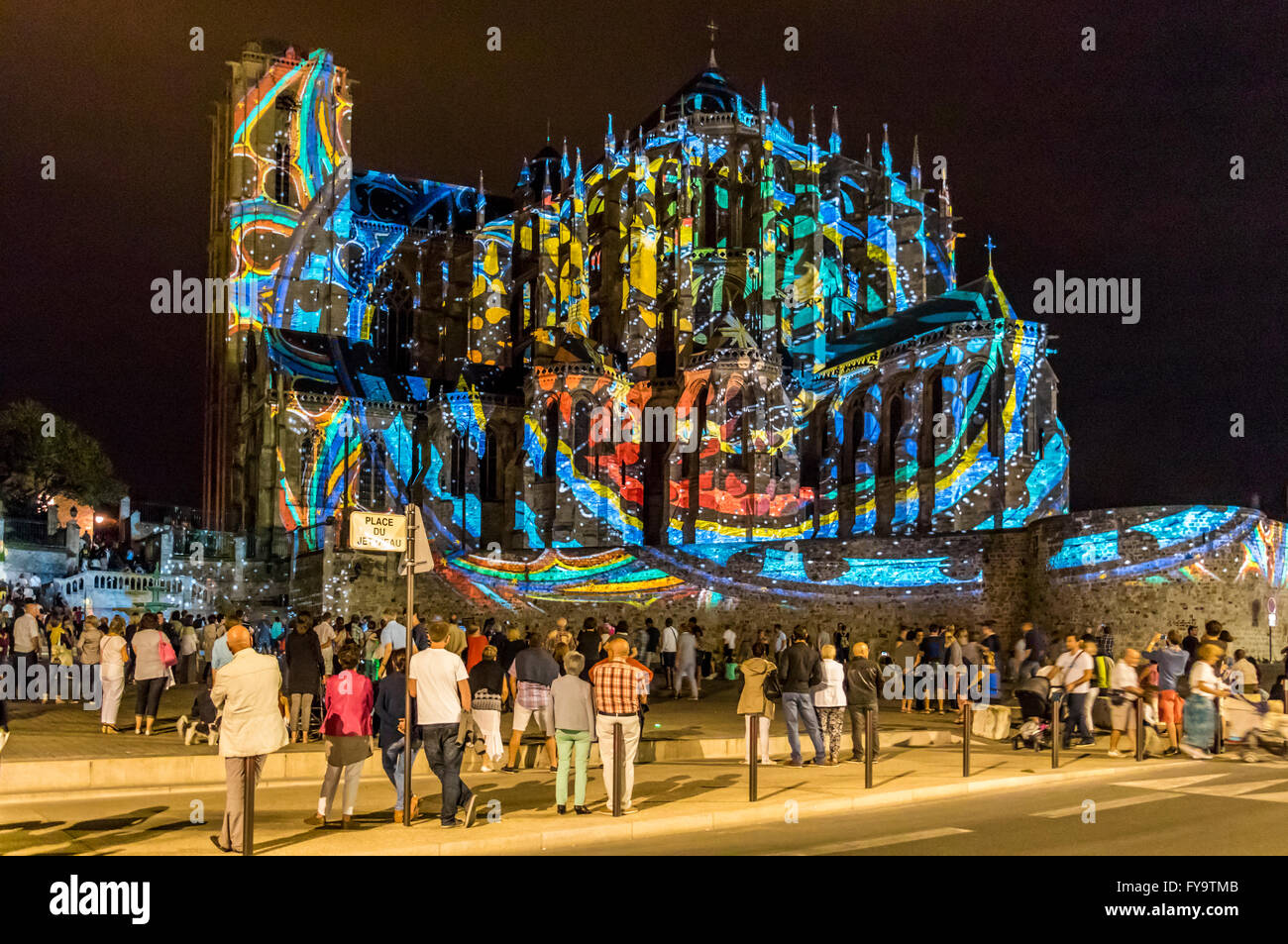 Light show on Cathedral of St Julien in Le Mans France, the Cathedral ...