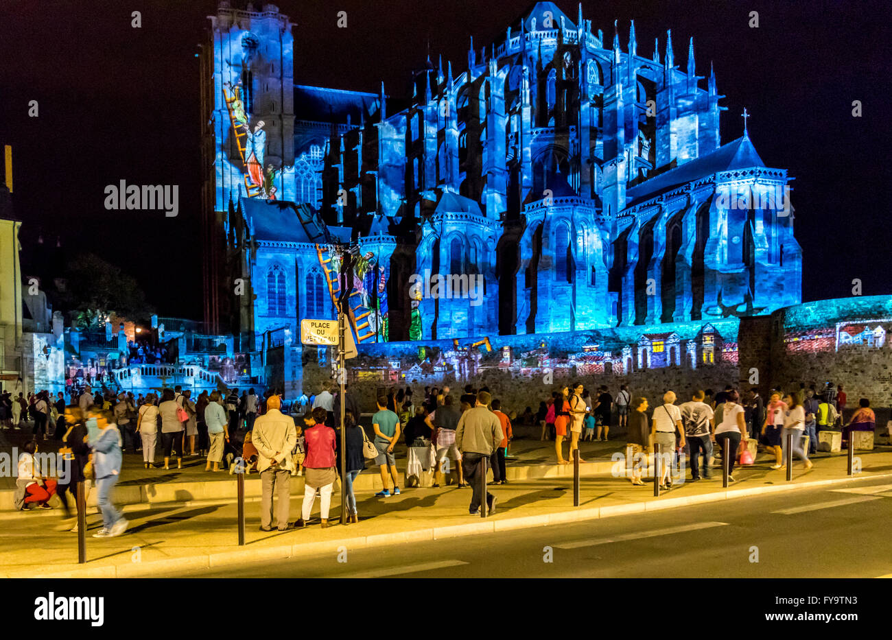 Light show on Cathedral of St Julien in Le Mans France, the Cathedral ...