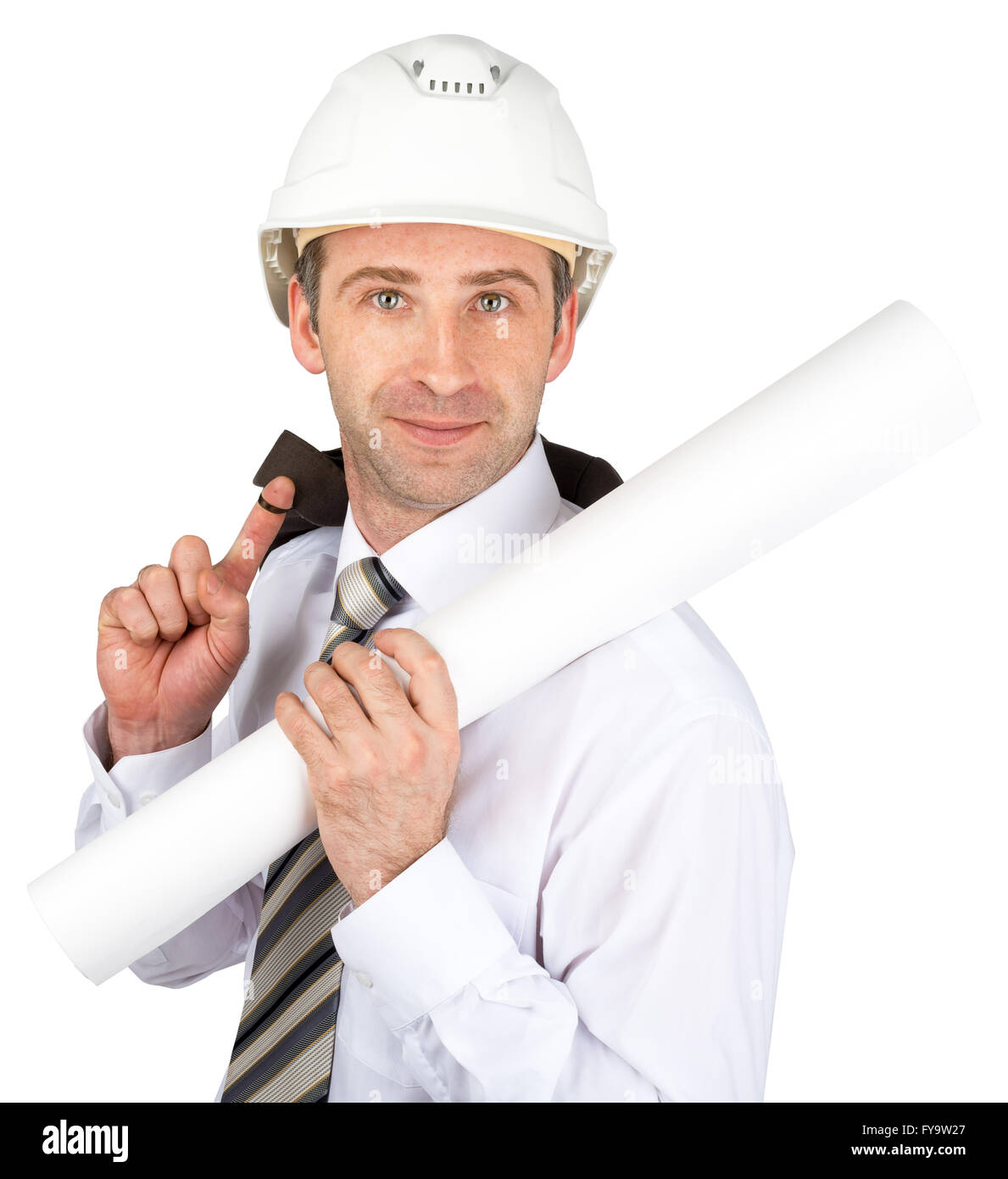 Construction worker hold jacket and paper scroll Stock Photo - Alamy