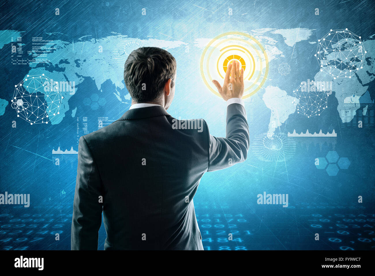 Businessman presses interactive world map Stock Photo - Alamy Businessman presses interactive world map Stock Photo - Alamy