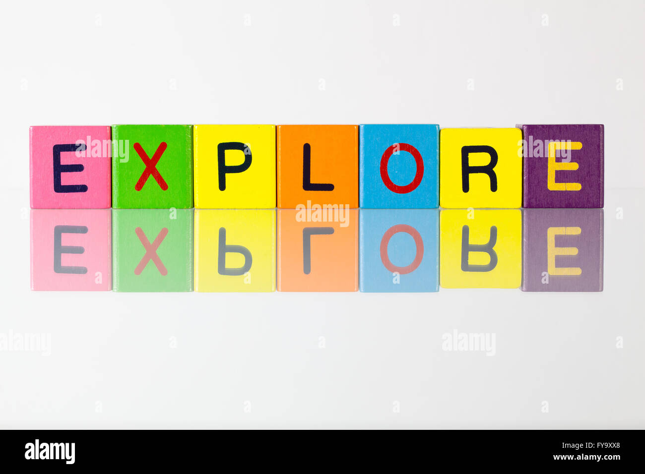 Explore - an inscription from children's wooden blocks Stock Photo - Alamy