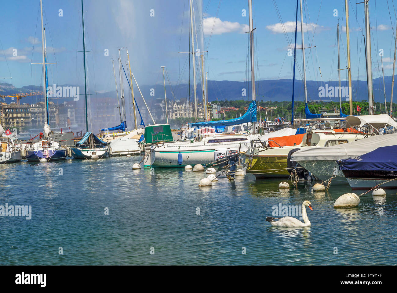 Geneva harbor on the shore of Geneva Lake(Leman ).Famous Jet d'Eau ...