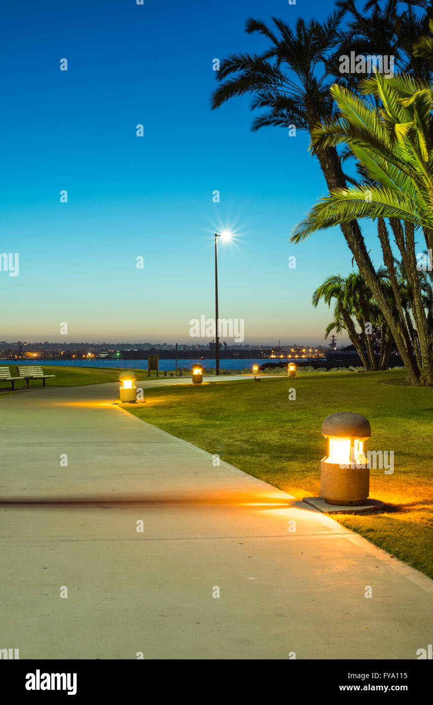 Walking path at the Embarcadero Marina Park at night. San Diego ...