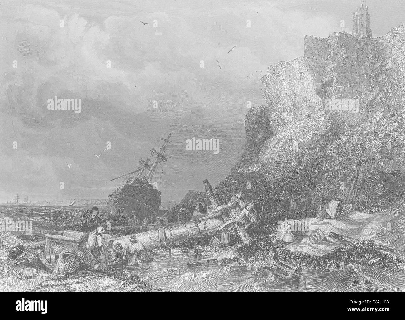 TYNEMOUTH: Castle, ship, rocks: wreck; Bartlett; Finden, antique print ...