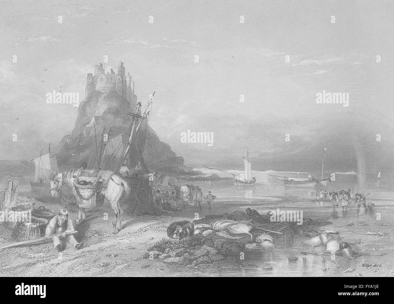 NORTHUMBS: Castle of Holy Island; Bartlett; Finden, antique print 1842 ...