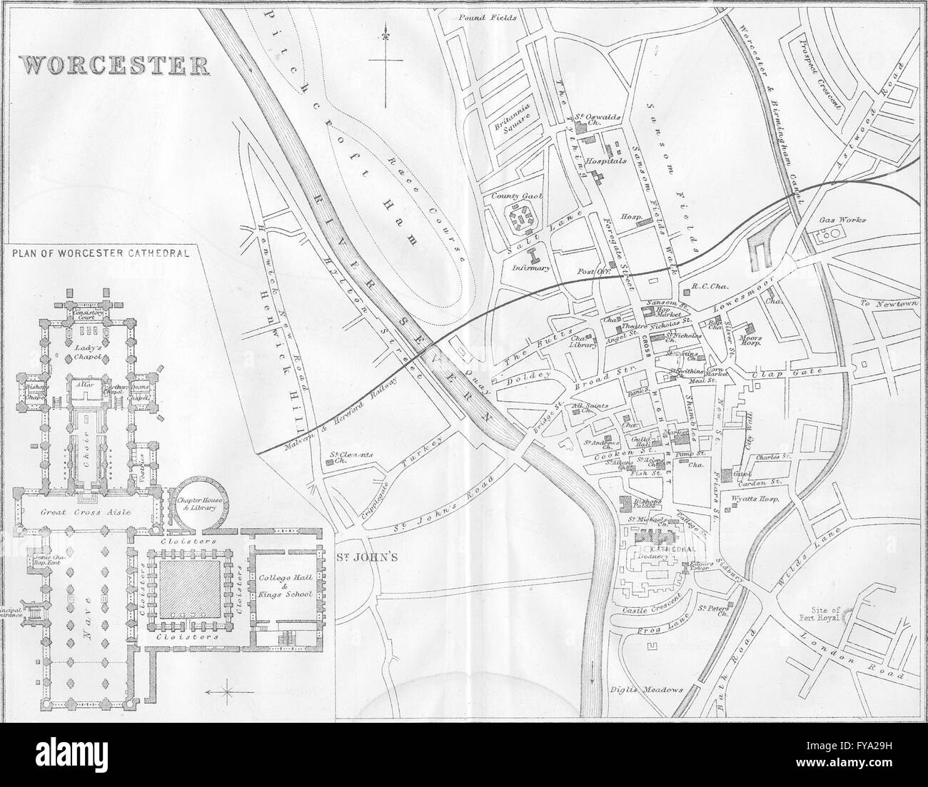 WORCS: Worcester town plan, 1874 antique map Stock Photo - Alamy