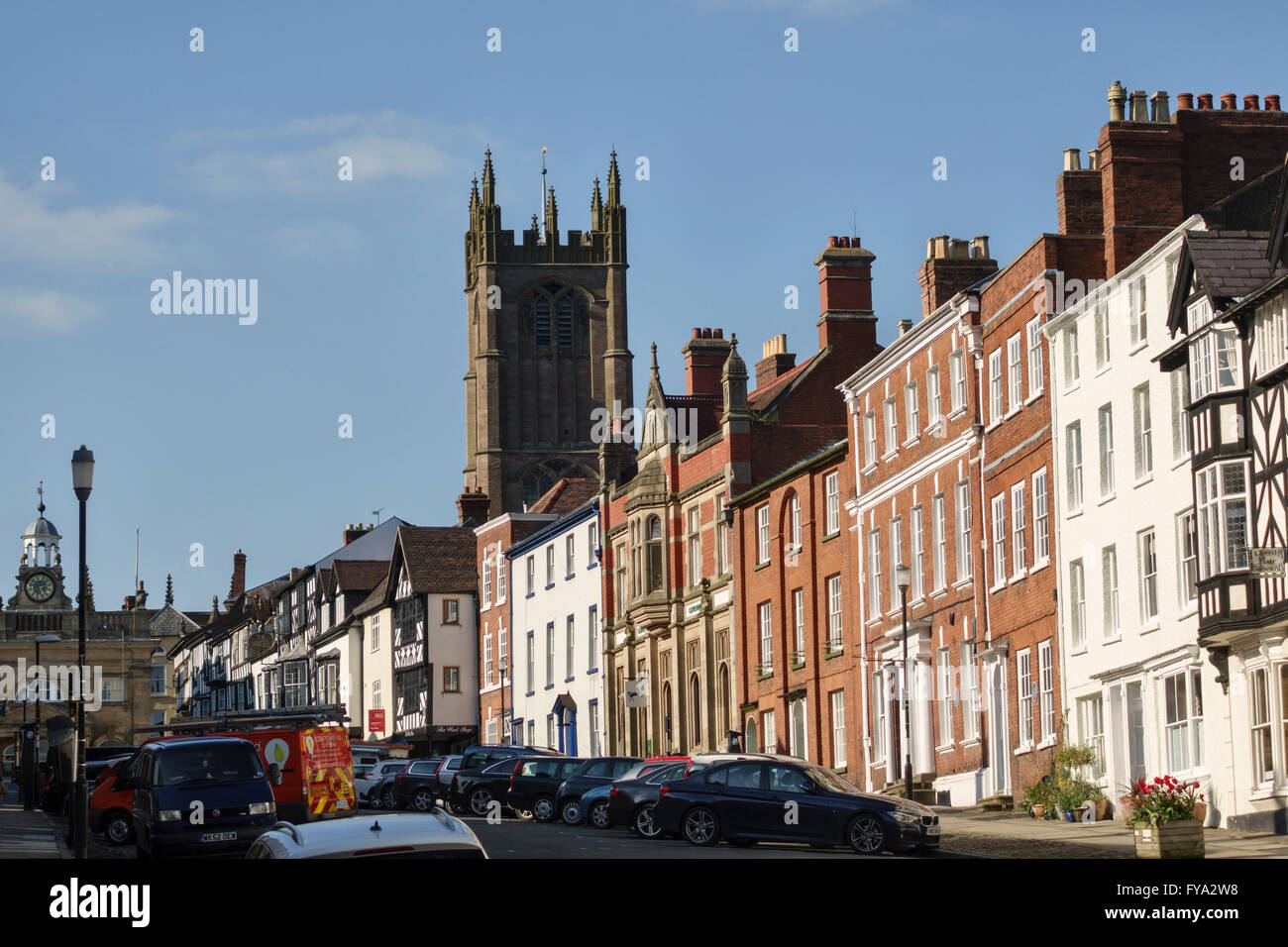 Ludlow, Shropshire, UK. Broad Street with the tower of St Laurence's ...