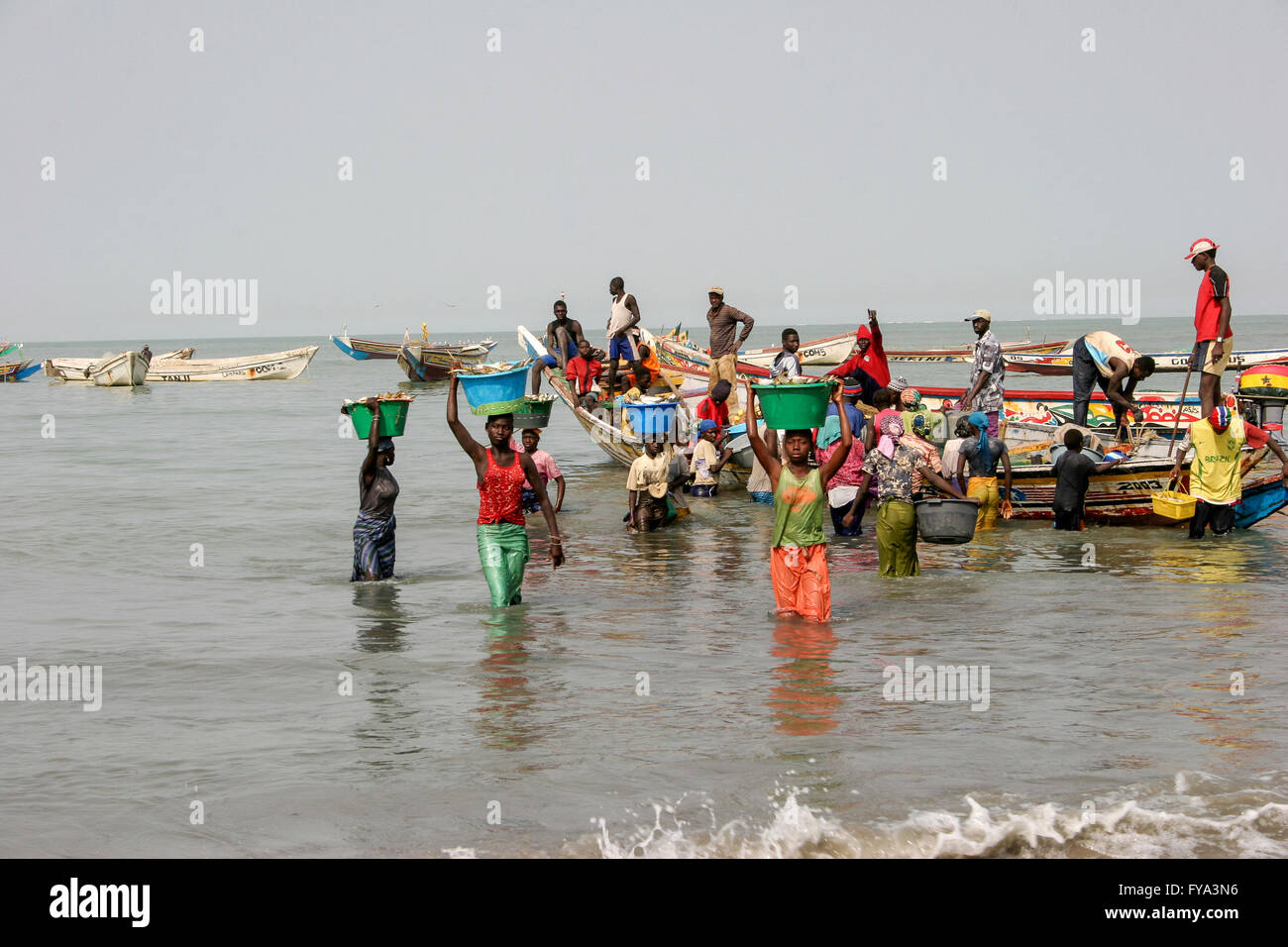 African women carrying buckets on their heads full of fishes from ...