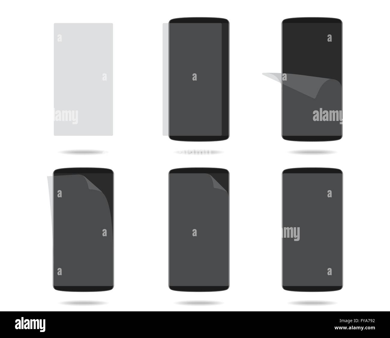 Black smartphones display with protector glass set different steps ...