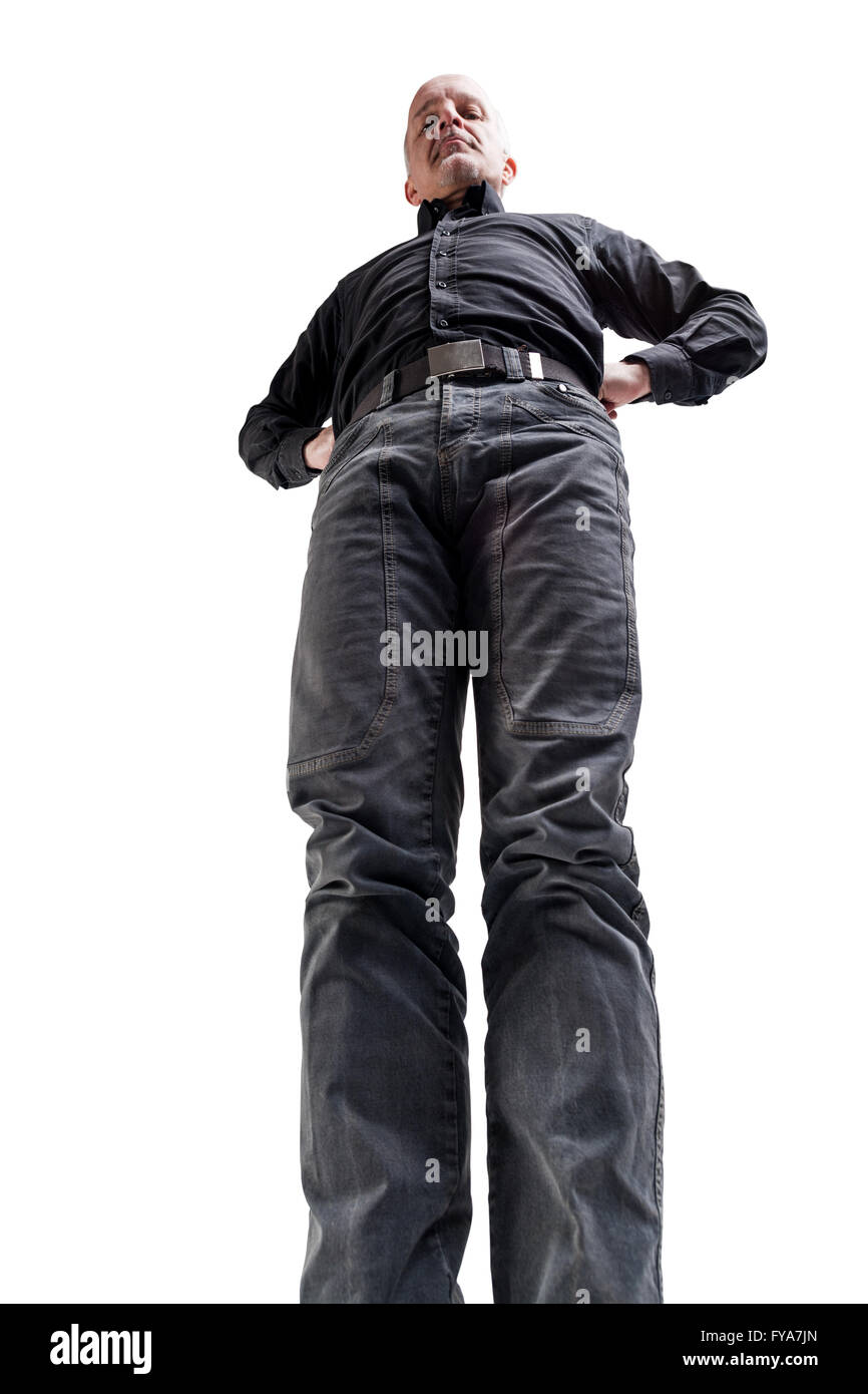 wideangle from the floor point of view of a TALL man spotting us and ...