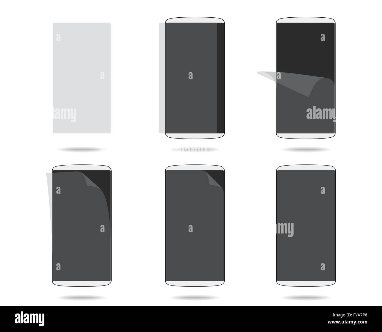 White smartphones screen with protector glass set different steps ...
