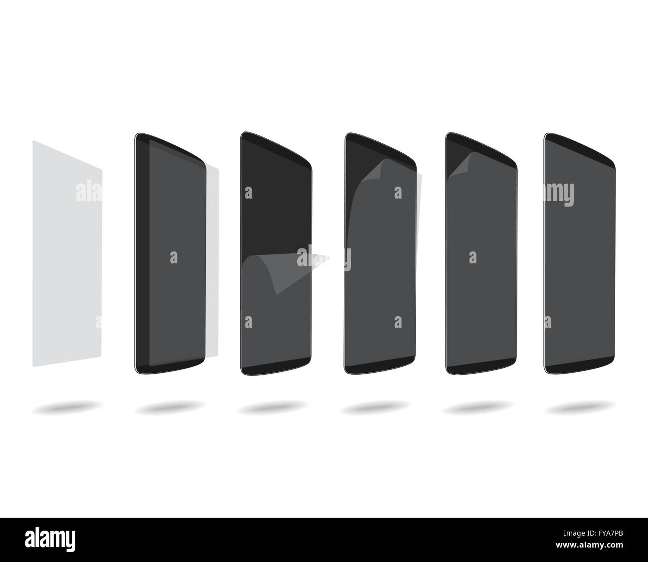 Black smart phones protection film on screen set different angles ...