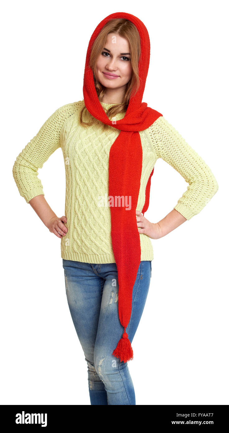 girl dressed red woolen cap and scarf posing in studio on white ...