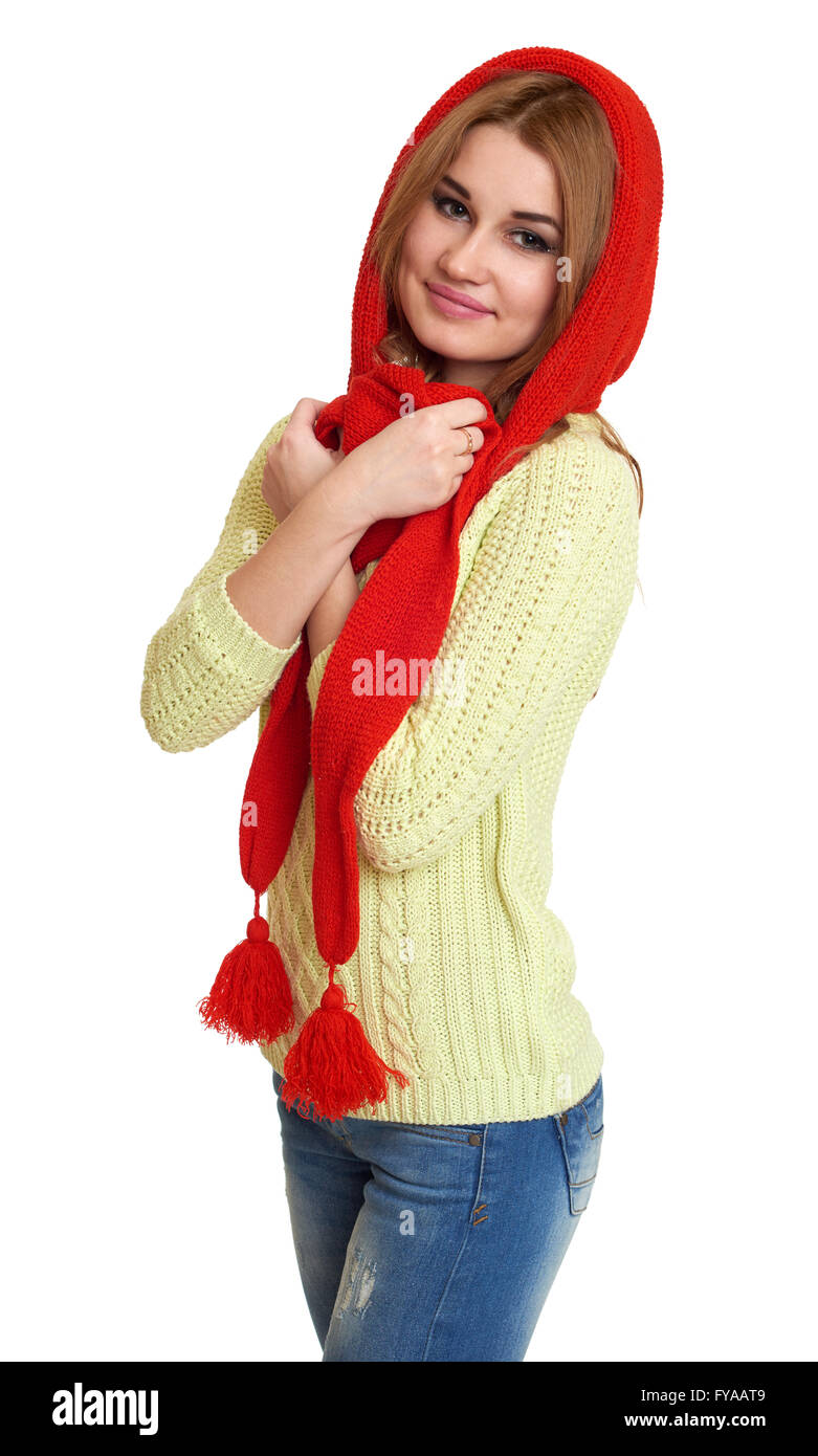 girl dressed red woolen cap and scarf posing in studio on white ...