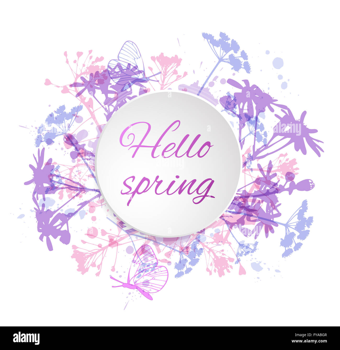 Abstract floral background with flowers and butterflies. Round banner ...