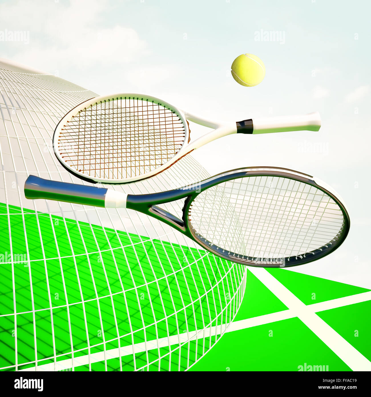 Tennis rackets, ball, tennis court and light blue sky Stock Photo - Alamy