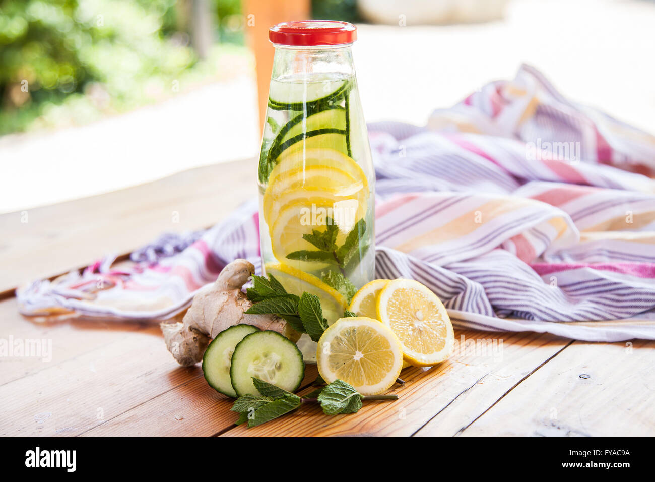 Summer fresh fruit Flavored infused water mix of cucumber and lemon ...