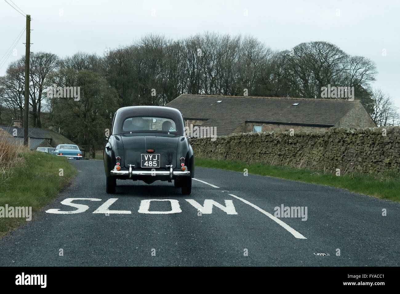 A vintage, black, British car drives along a road with the word Slow ...