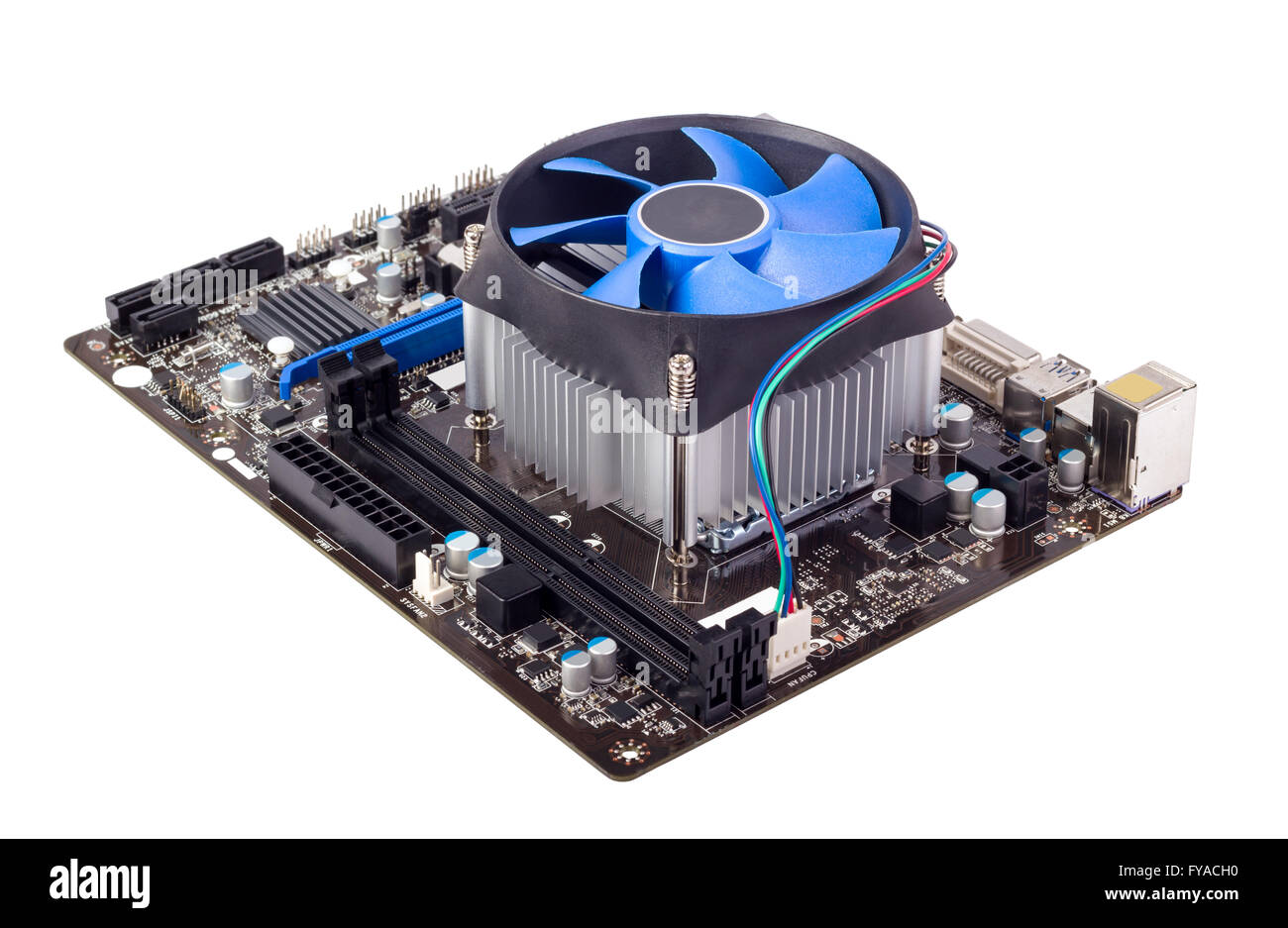Computer motherboard isolated on white background with CPU cooler Stock ...