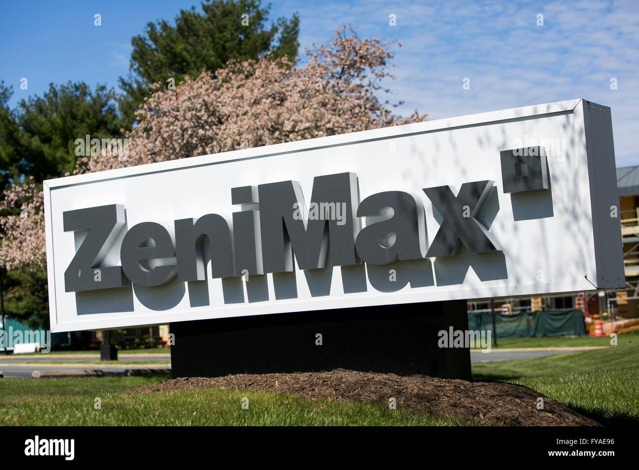 A logo sign outside of the headquarters of ZeniMax Media, parent ...