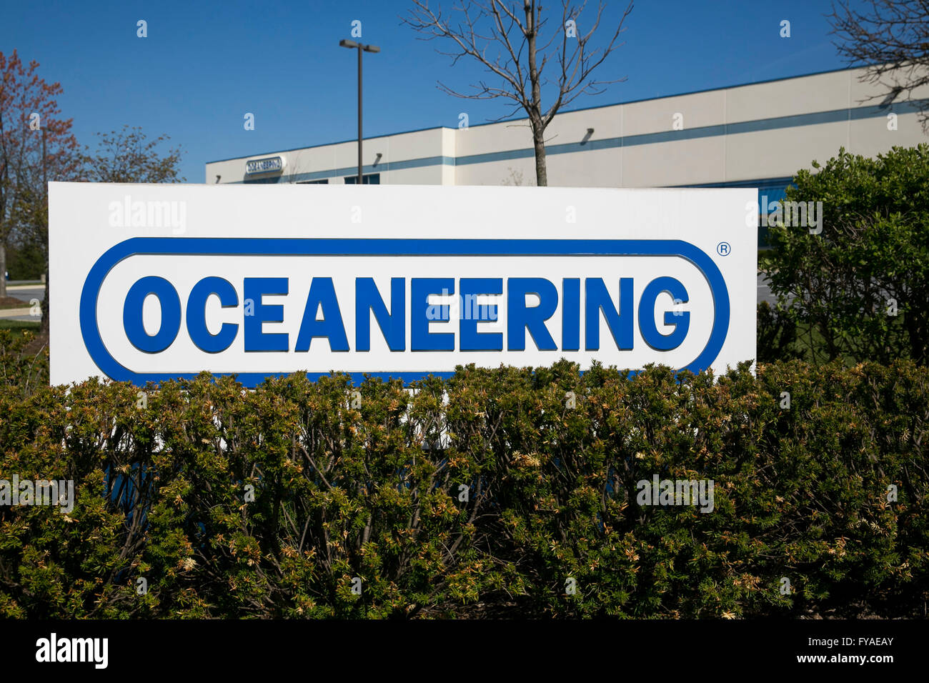 A logo sign outside of a facility occupied by Oceaneering International ...