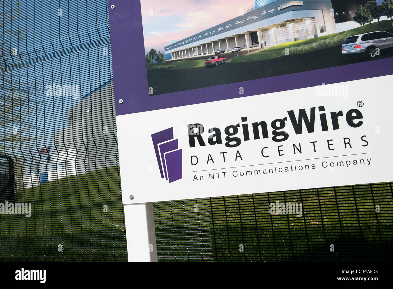 A logo sign outside of a data center operated by RagingWire in Ashburn ...