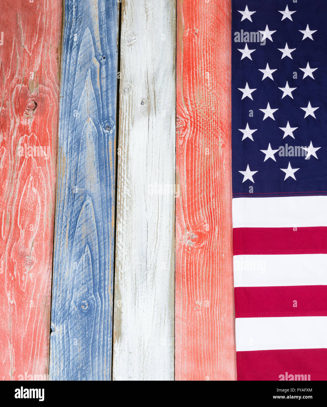 USA flag border on vertical rustic painted wooden boards in national ...