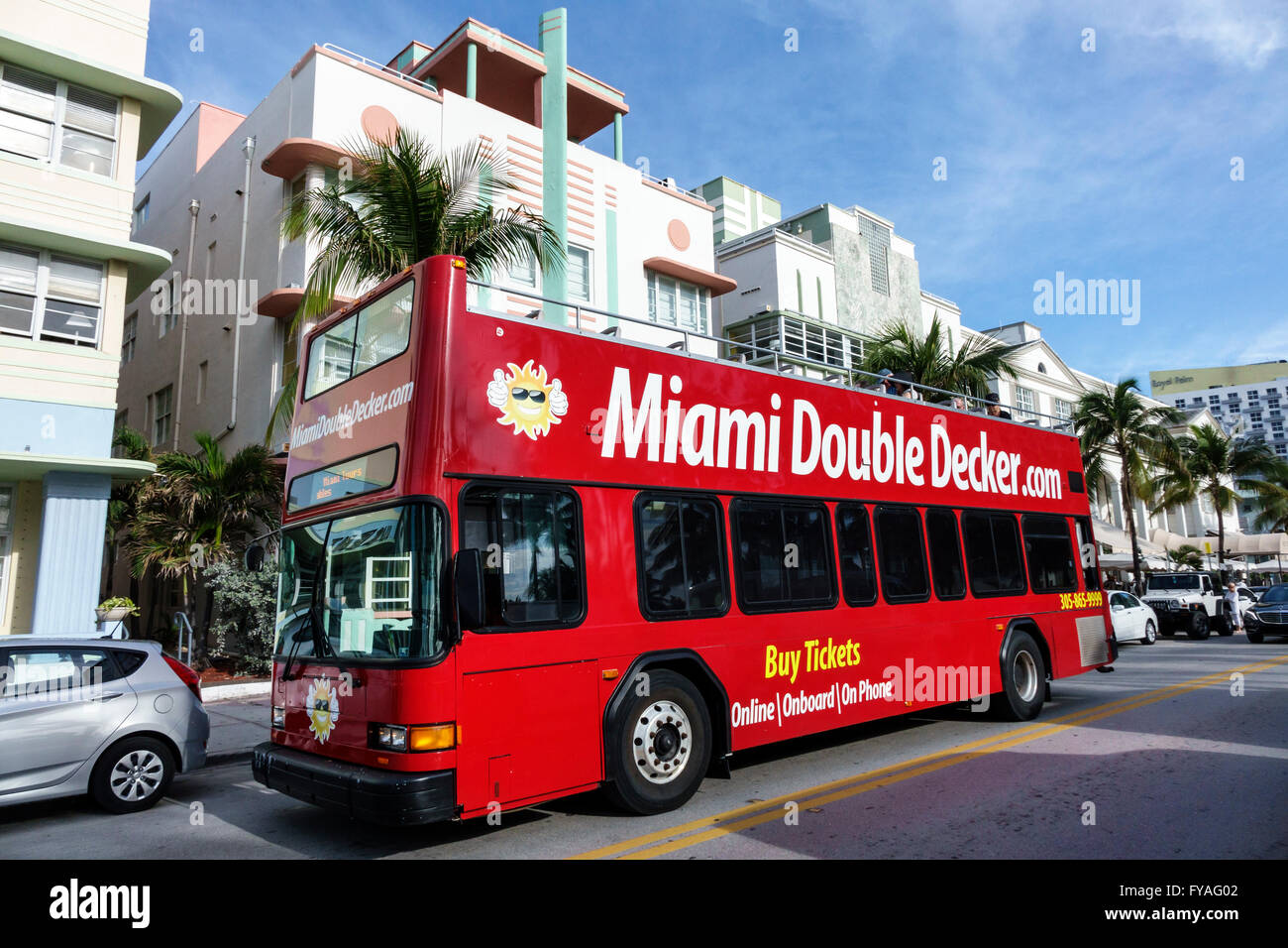Florida,South,FL,Miami Beach,Ocean Drive,red double decker bus,motor ...