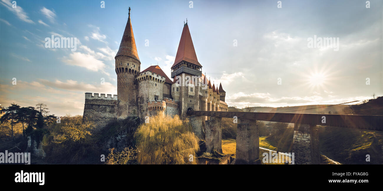 Hunedoara, Romania- February 20, 2016: Gothic Corvin castle from ...