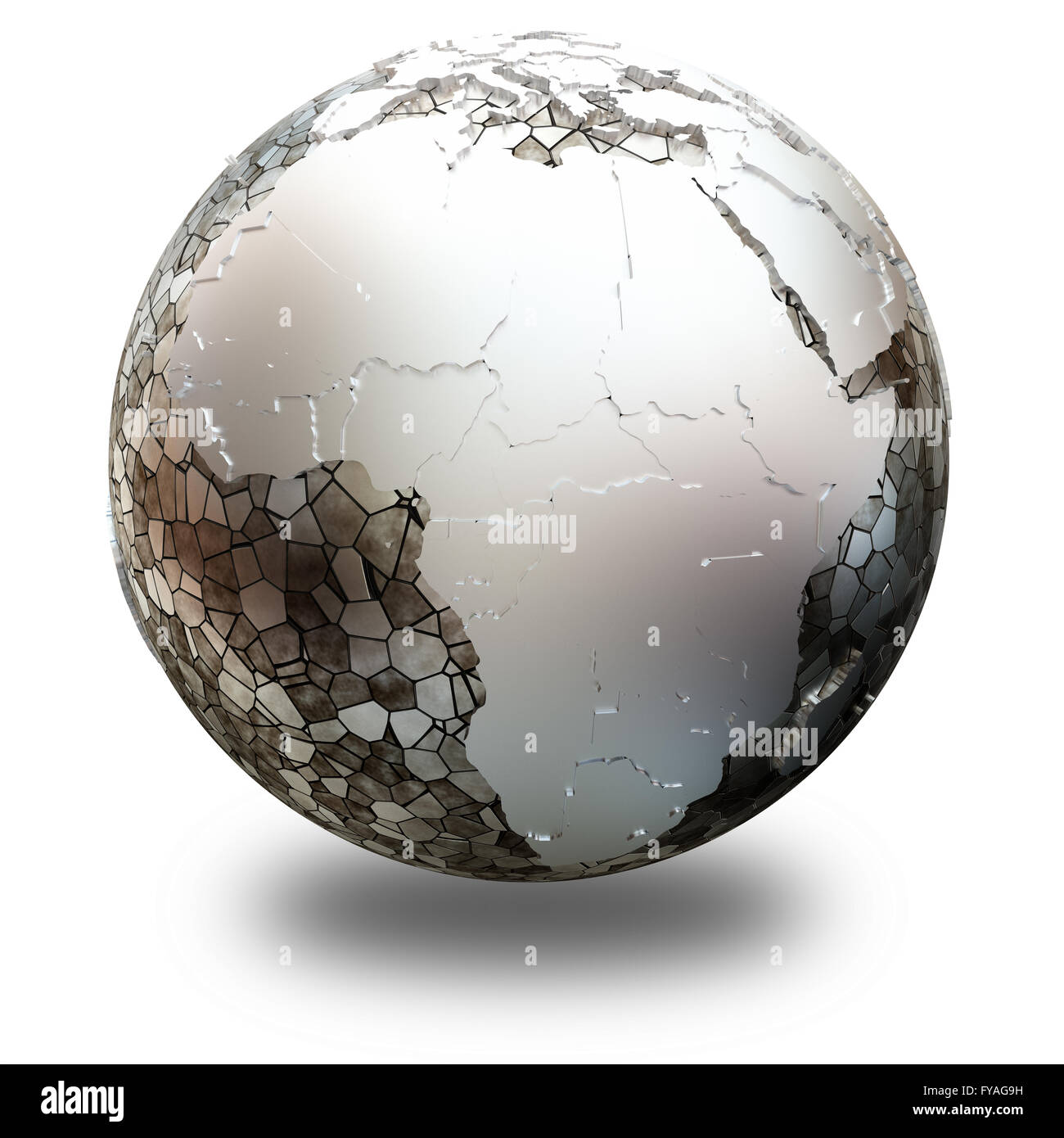 Africa on metallic model of planet Earth. Shiny steel continents with ...