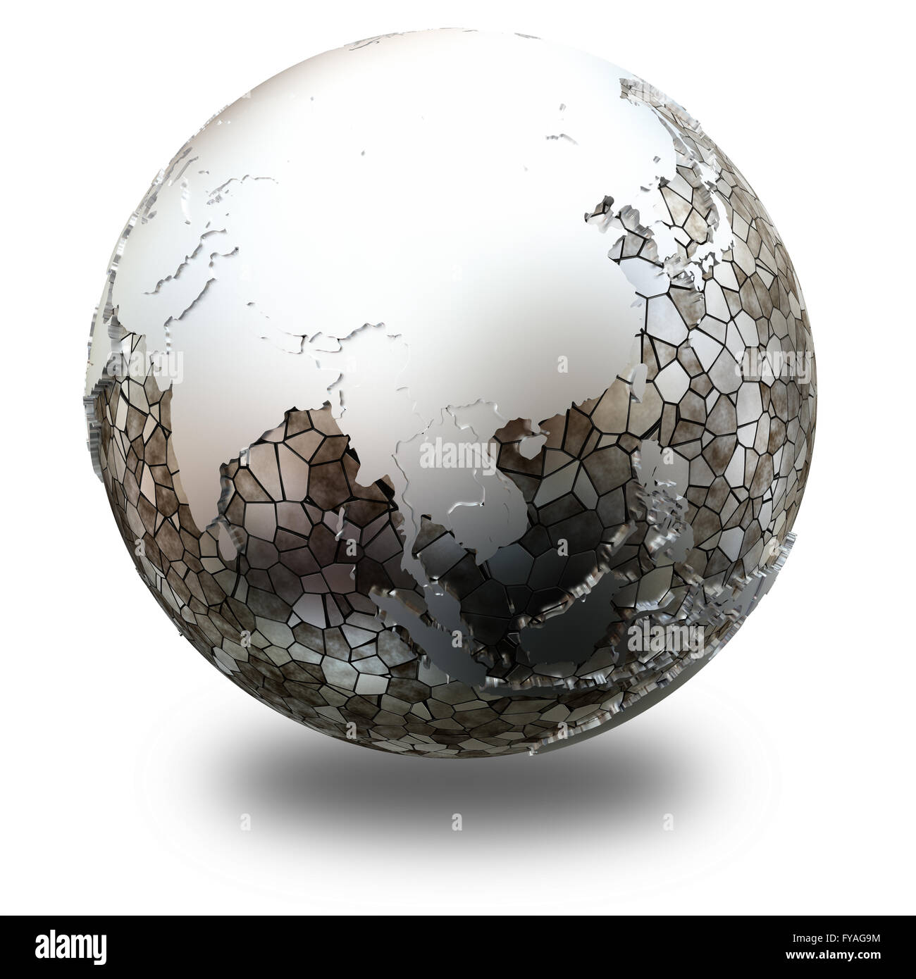 Southeast Asia on metallic model of planet Earth. Shiny steel ...