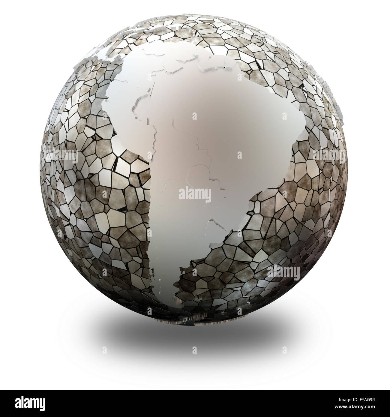South America on metallic model of planet Earth. Shiny steel continents ...