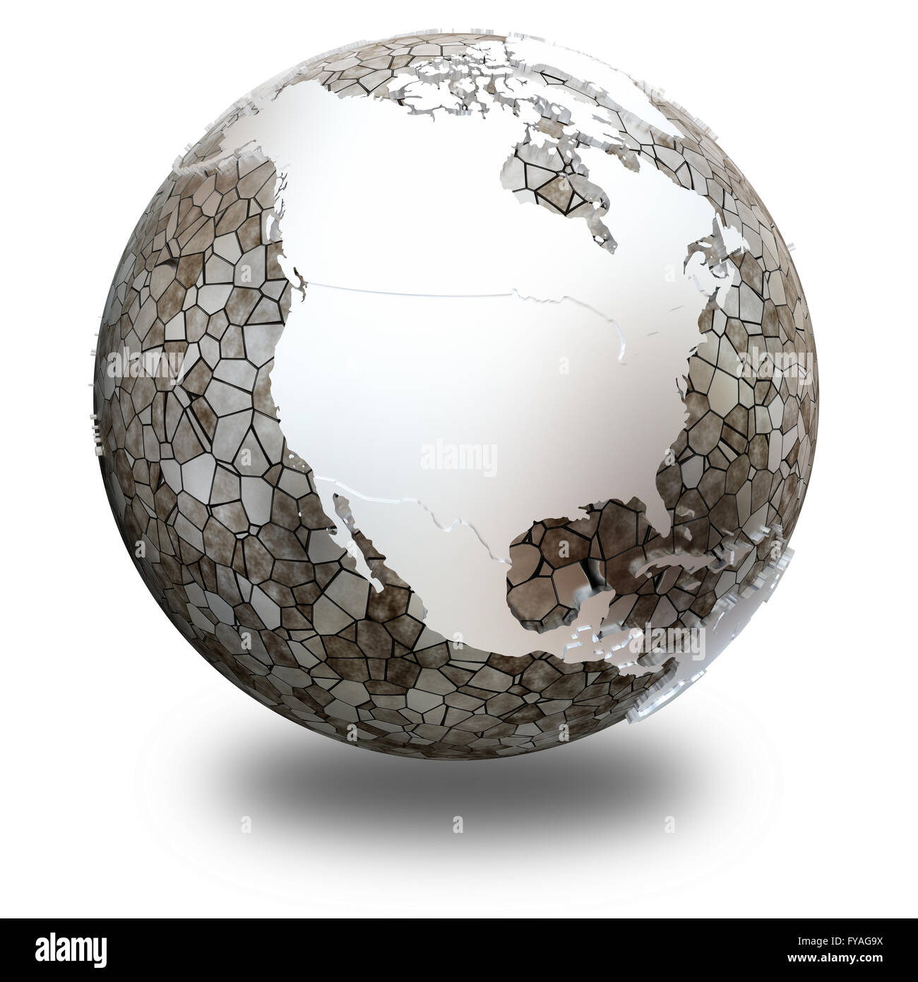 North America on metallic model of planet Earth. Shiny steel continents ...
