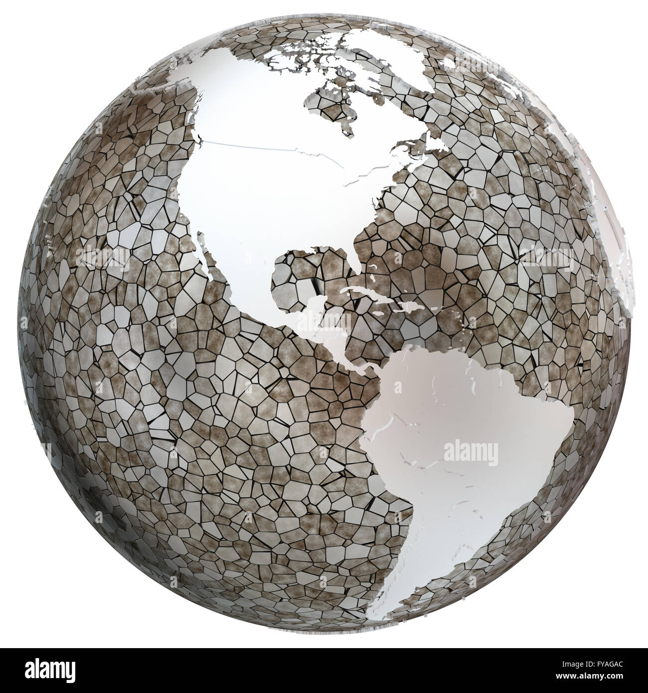 American continents on metallic model of planet Earth. Shiny steel ...