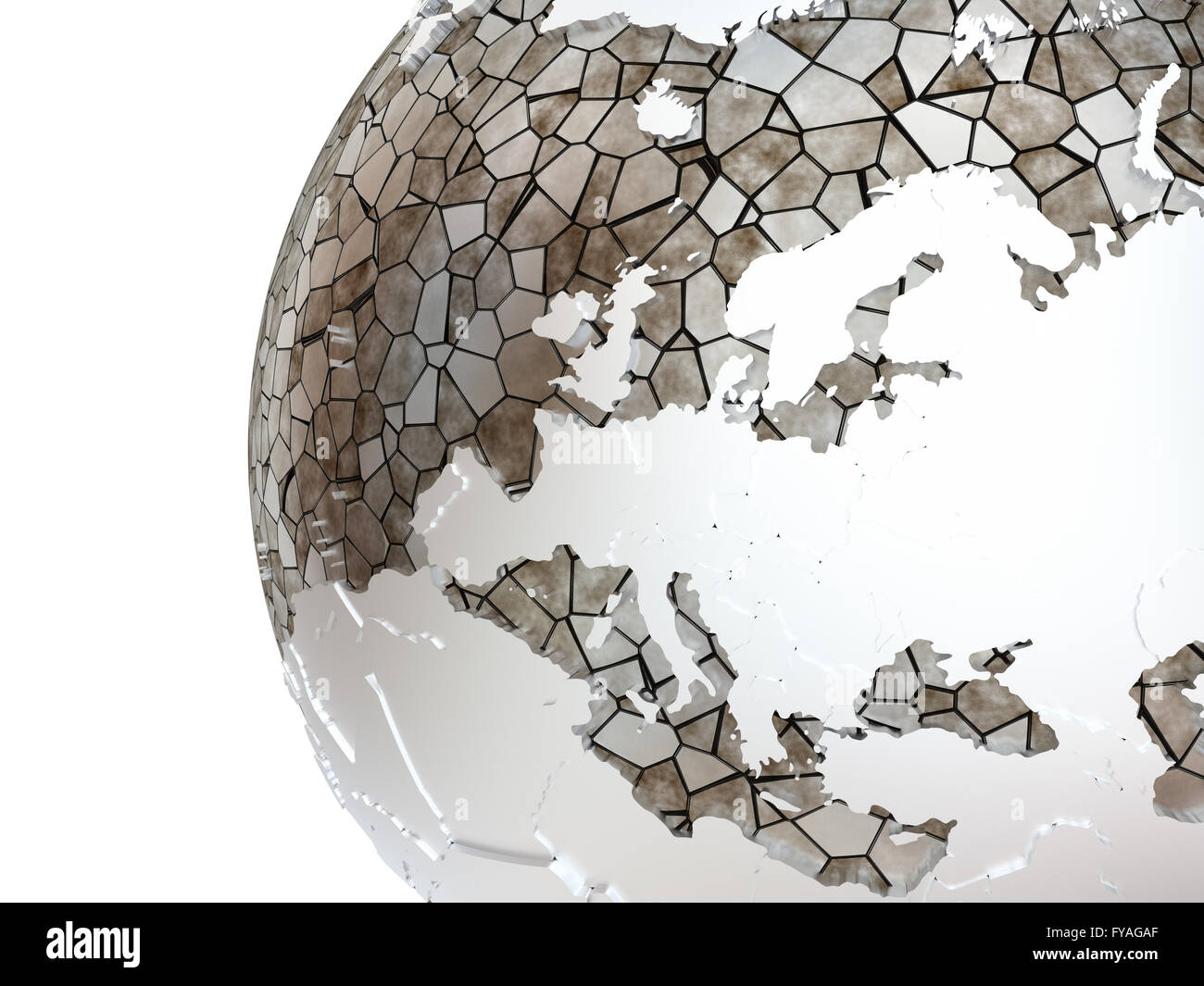 Europe on metallic model of planet Earth. Shiny steel continents with ...