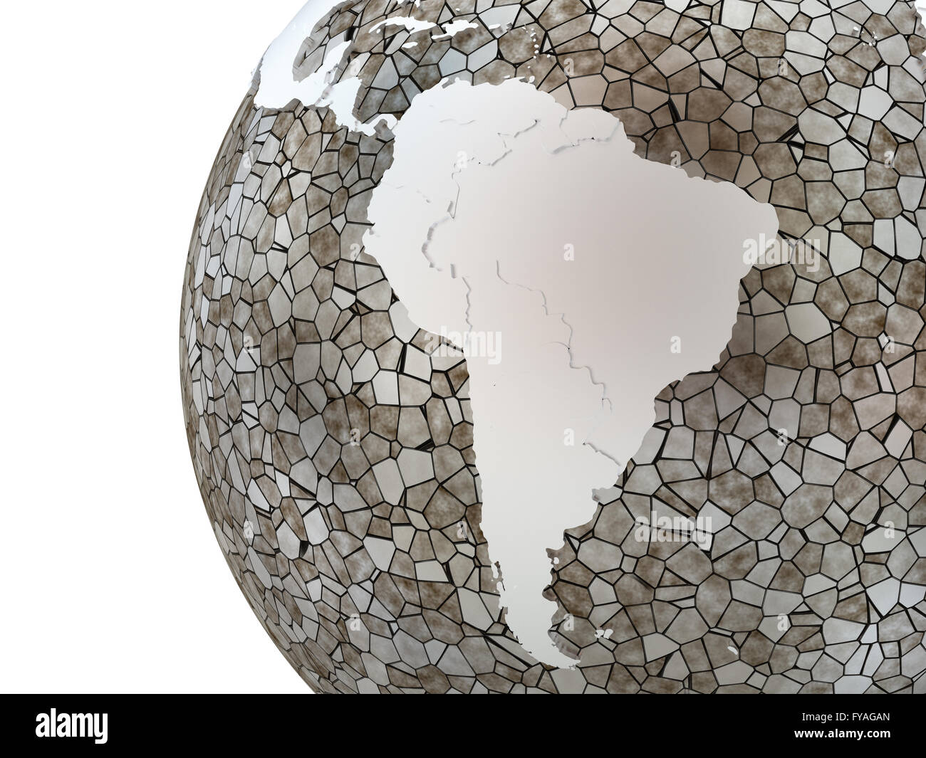 South America on metallic model of planet Earth. Shiny steel continents ...