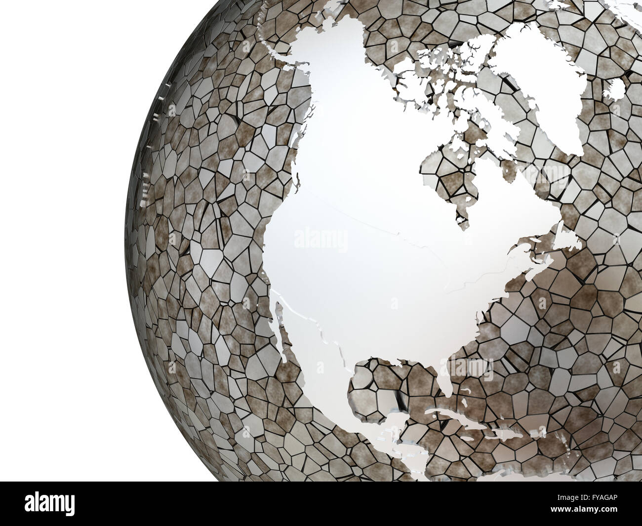 North America on metallic model of planet Earth. Shiny steel continents ...