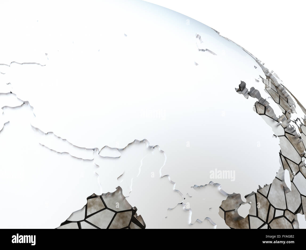 China on metallic model of planet Earth. Shiny steel continents with ...