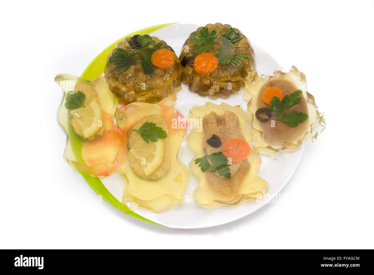 freshly cooked meat jelly on a plate with a white background Stock ...